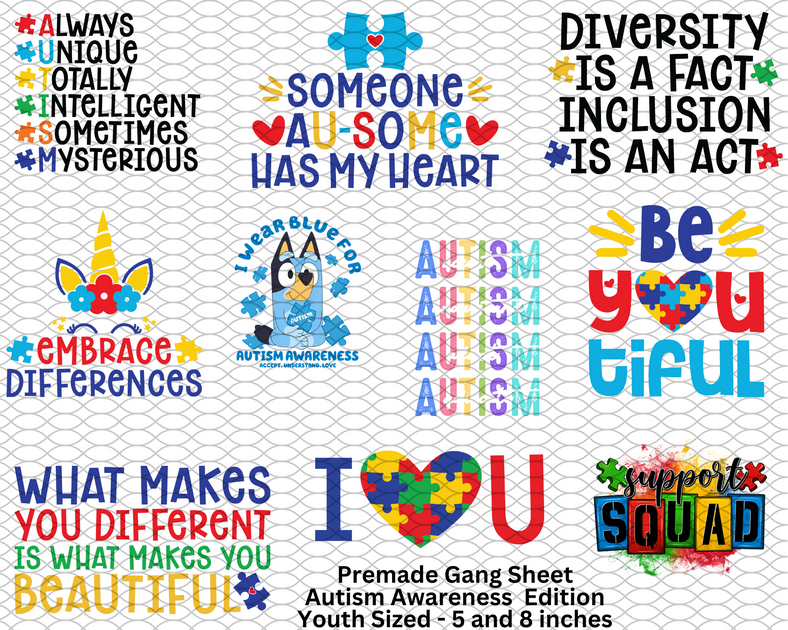 Autism Awareness Premade Gang Sheet (Youth Sized) – Thanks 2 Blanks